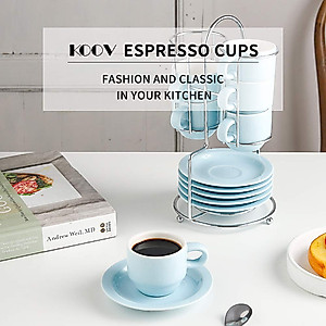 KOOV Porcelain Stackable Espresso Cups Set, Coffee Cups Set with Saucers and Metal Stand, 2.5 Ounce Coffee Cup Set of 6 (Pale Blue)
