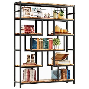 IRONCK Bookshelf and Bookcase 6-Tier 55 in Large Etagere Bookcase, Industrial Open Display Shelves Geometric Bookcase with Sturdy Metal Frame, Vintage Brown