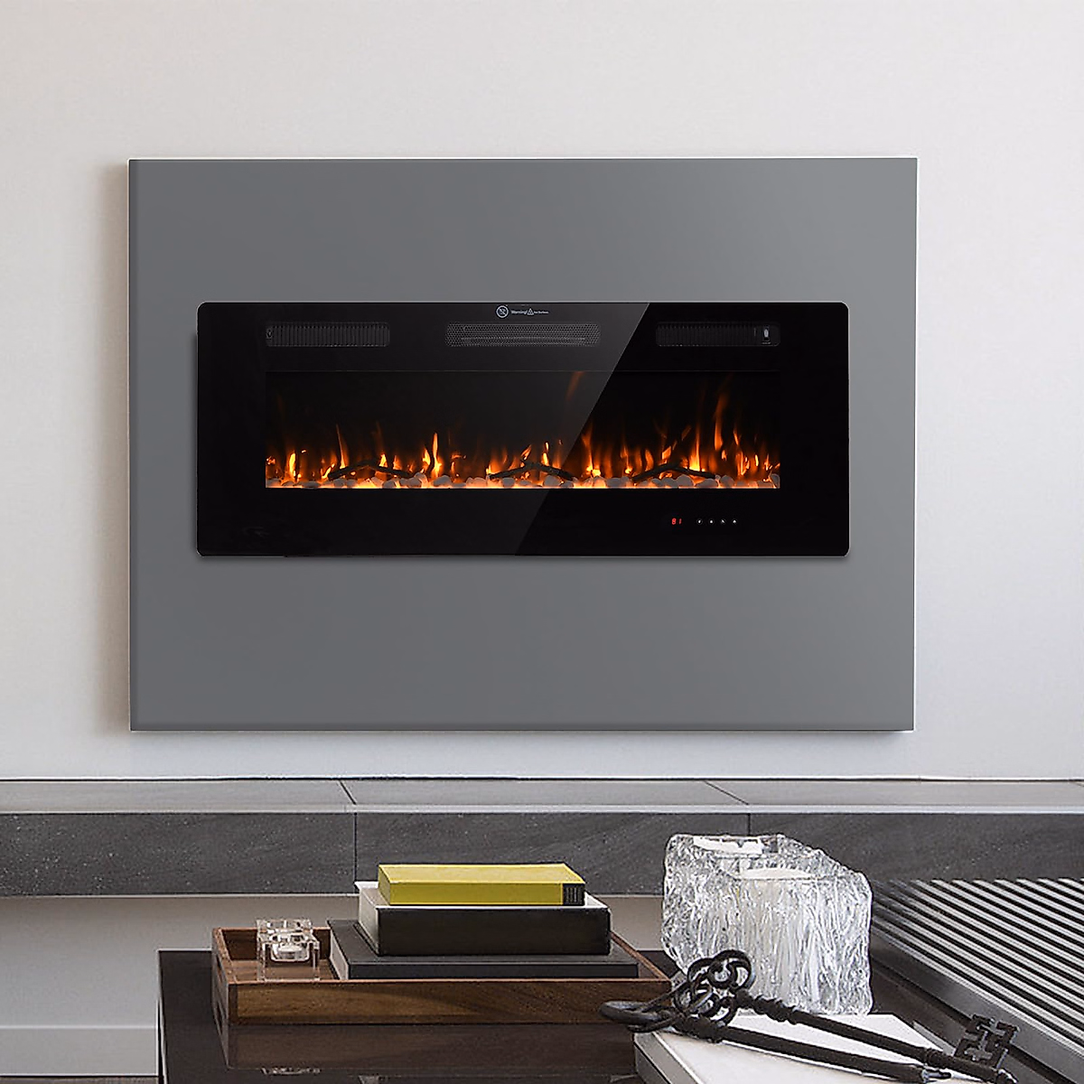 FODINGHILL 60" Insert Wall Mounted Electric Fireplace, Low-Noise Fireplace Heater Mantel Features a Touch Screen, Timer, Adjustable Flame Color, 700W / 1400W