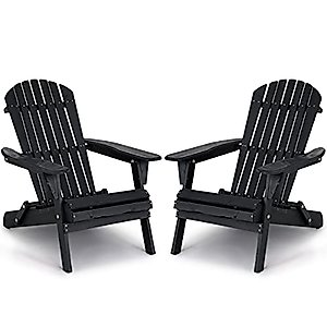 Folding Adirondack Chair Set of 2 Patio Chairs Weather Resistant Folding Outdoor Chair Solid Wooden Heavy Duty Reclining Fire Pit Chair for Deck, Lawn, Backyard, Garden-Black