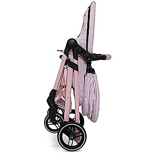 babyGap by Delta Children 2-in-1 Carriage Stroller - Greenguard Gold Certified - Car Seat Compatible, One-Handed Fold, Lightweight & Oversized Canopy - Made with Sustainable Materials, Pink Stripes