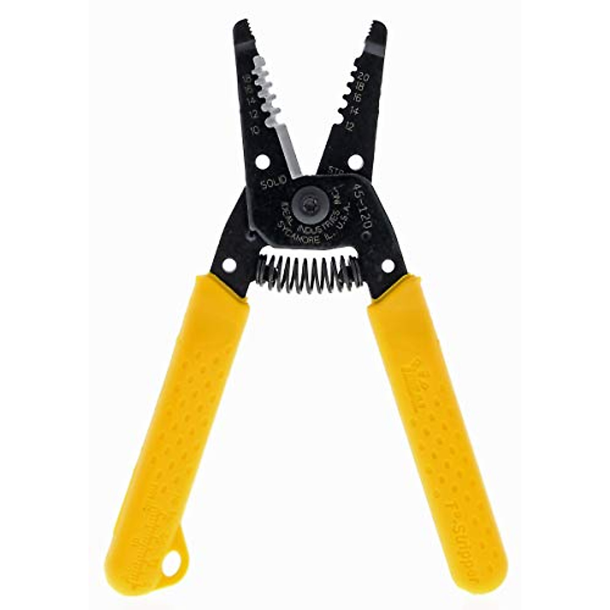 IDEAL Electrical 45-120 T-5 T-Stripper - 10-20 AWG, Yellow Wire Stripper with Looping Holes, Plier Nose, Spring Loaded Automatic Opening,Black