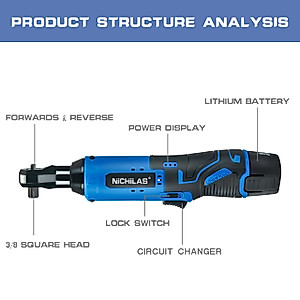 NICHILAS Cordless Electric Ratchet Wrench 3/8", 12V Power Ratchet Driver Tool with 7 Sockets & 2-Pack 2.0Ah Battery and Charger