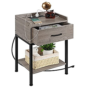 OYEAL Gray Night Stand with Charging Station 2-Tier Side Tables Bedroom with Drawer Small Bedside Table with USB Ports and Outlets for Bedroom Living Room, Rustic Grey