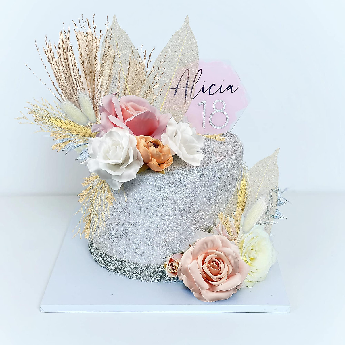 22 Pcs Boho Cake Topper Decor: Dried Pampas, Roses & Leaves