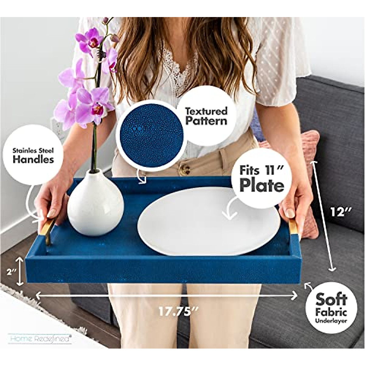 Home Redefined Modern Elegant 18”x12” Rectangle Navy Blue Rectangle Shagreen Decorative Ottoman Coffee Table Perfume Living Room Kitchen Serving Tray with Brass Gold Metal Handles for All Occasion's