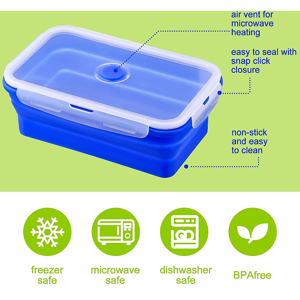 Nuenen Set of 8 Collapsible Food Storage Containers with Lids Silicone Flat Collapsible Bowls for Stacks Travel Camping Meal Prep Container for Kitchen, Freezer Microwave Dishwasher Safe (Rectangular)