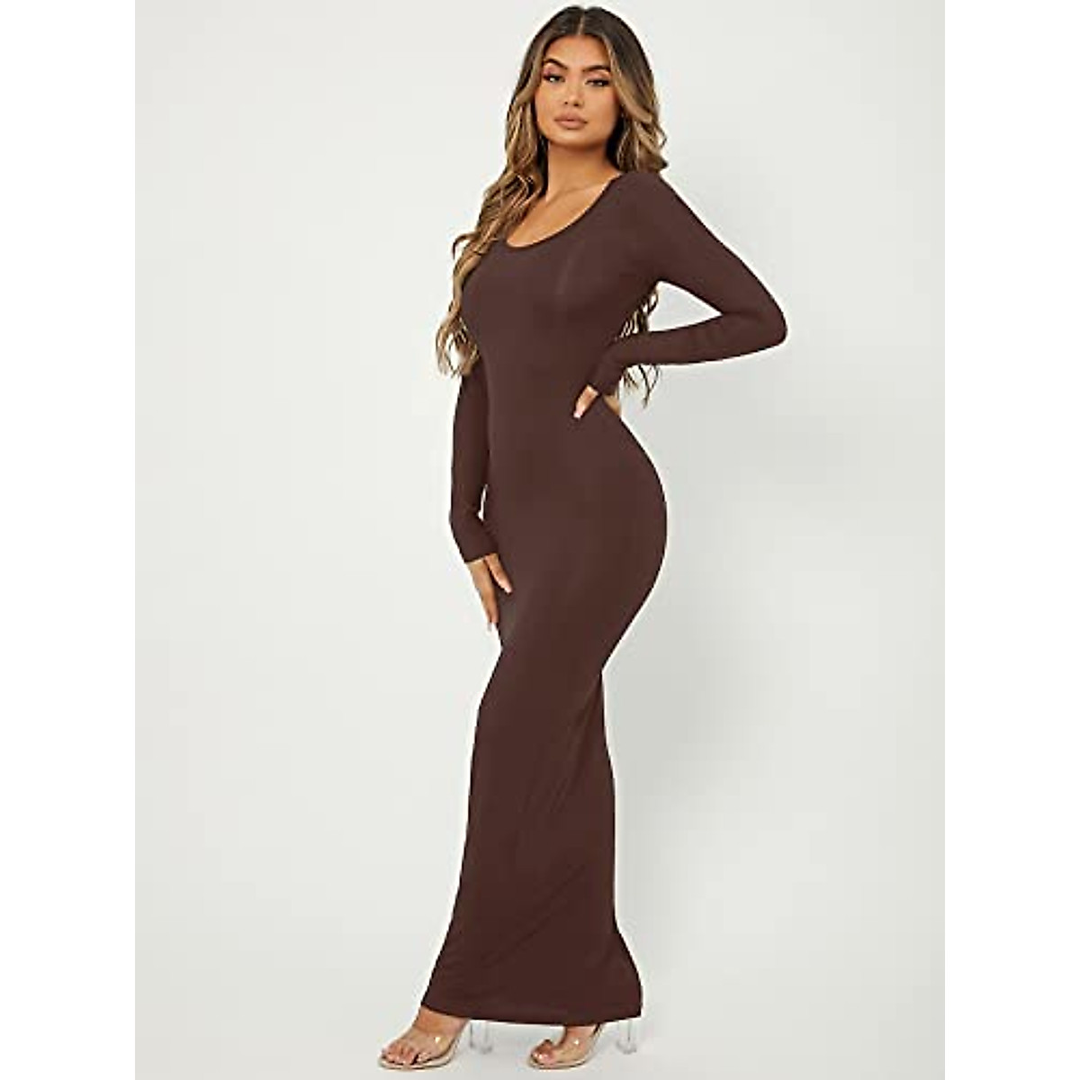 Floerns Women's Solid Long Sleeve Scoop Neck Bodycon Pencil Maxi Dress Coffee Brown S