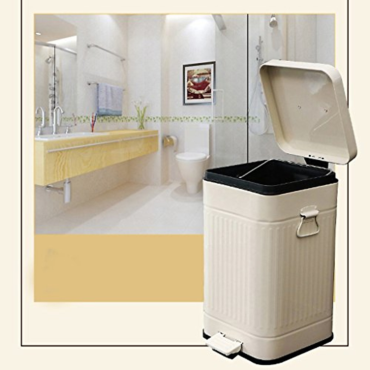 Trash Can Bathroom with Lid, Square for Bedroom with Lid and Handle, Waste Bin Soft Close, Retro Vintage Garbage Metal Cans for Office, Removable Inner Bucket