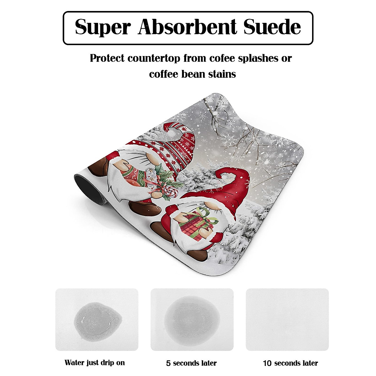 Red Gnomes Dish Drying Mat for Kitchen Counter, Super Absorbent Quick Dry Coffee Bar Mat Pad Thin Diatomaceous Sink Mat Non Slip Dish Drainer Mat 16''x24'' Christmas Winter Fantasy Snowflake