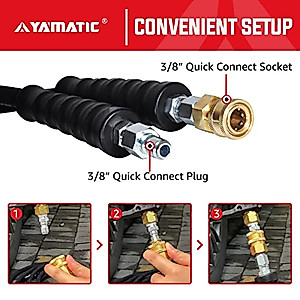 YAMATIC 3/8" Pressure Washer Hose 4000 PSI 50FT Hot Water Power Washer Hose Max 212°F with Swivel Quick Connect, Commercial Grade Steel Wire Braided & Synthetic Rubber Jacket, Kink Resistant