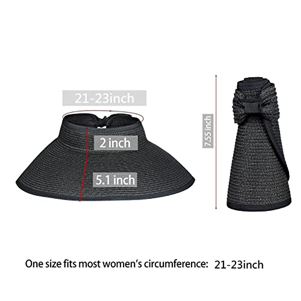 Andiker Women Roll Up Sun Visors Hat, Fordable Wide Brim Ponytail Beach Hat with A Storage Bag Black