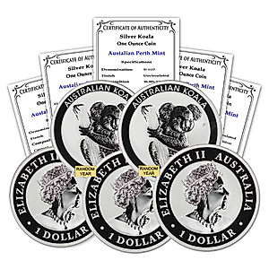 2007 - Present (Random Year) Lot of (5) Australian 1 oz Silver Koala Coins Brilliant Uncirculated (in Capsule) with Certificate of Authenticity BU