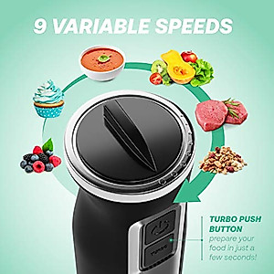 CHEFX 5-in-1 Immersion Blender - 9 Speed Ultra Powerful Stainless Steel Hand Mixer for Kitchen - Electric Handheld Stick Frother - Chop/Grind/Whisk/Froth/Blend - Turbo Mode - Food Grinder + Container