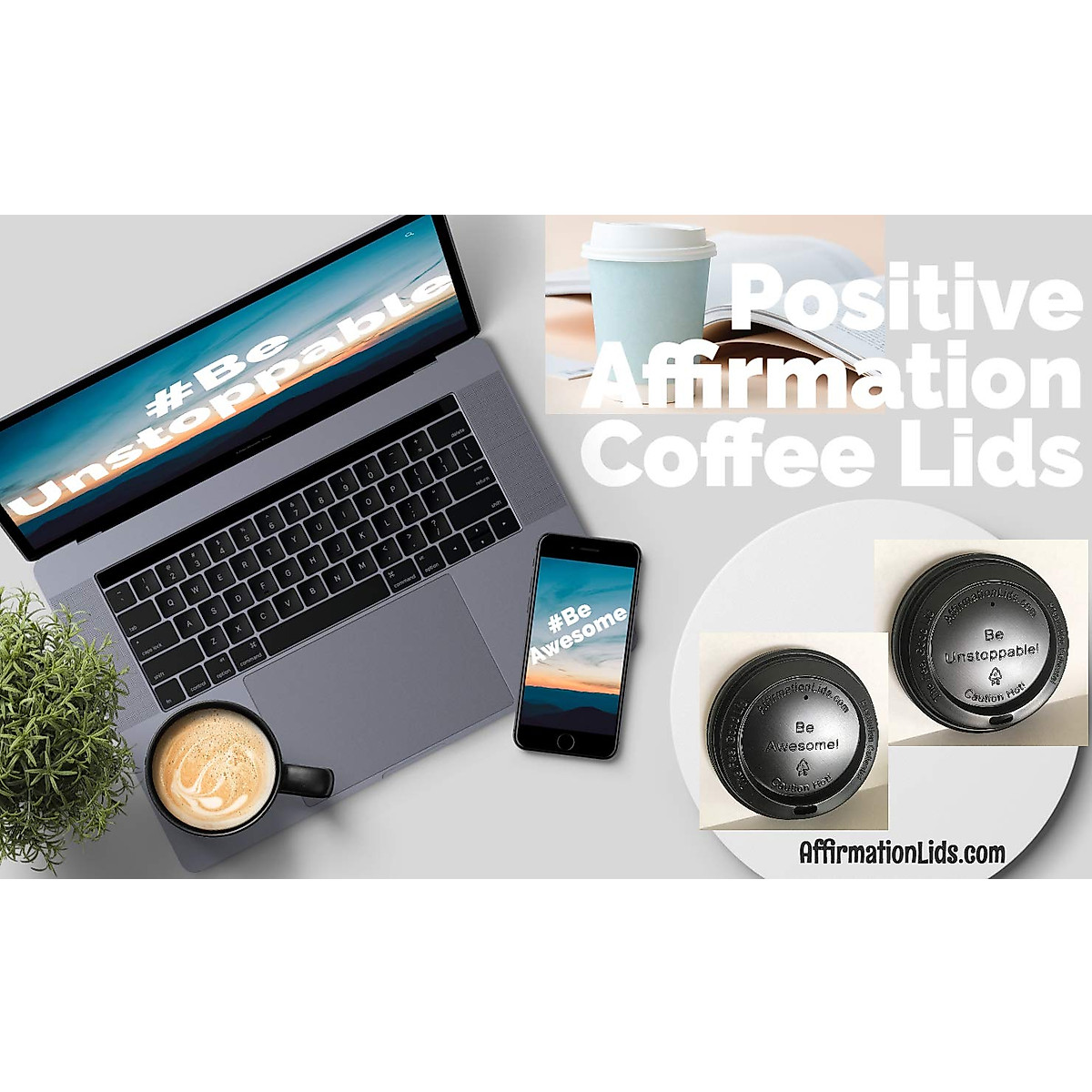 Positive Affirmation Coffee Lids for Solo/Dixie/Karat cups16/20/24oz, Single Variety 400ct (Black) (Be Unstoppable)