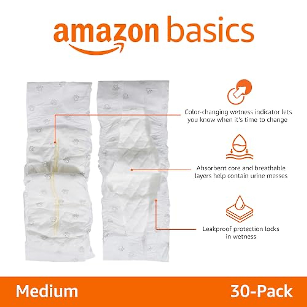 Amazon Basics Absorbent Male Dog Wrap, Leakproof, Disposable Diapers, Medium, Pack of 30, White