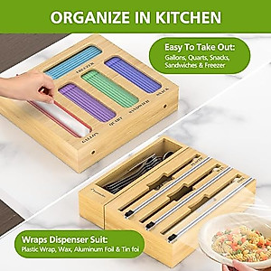 Lawmoliw Bag Storage Organizer for Kitchen Drawer, 9 in 1 Foil and Plastic Wrap Dispenser with Cutter, Bamboo Plastic Bag Food Baggie Organizer for Gallon, Quart, Sandwich, Snack, Freezer