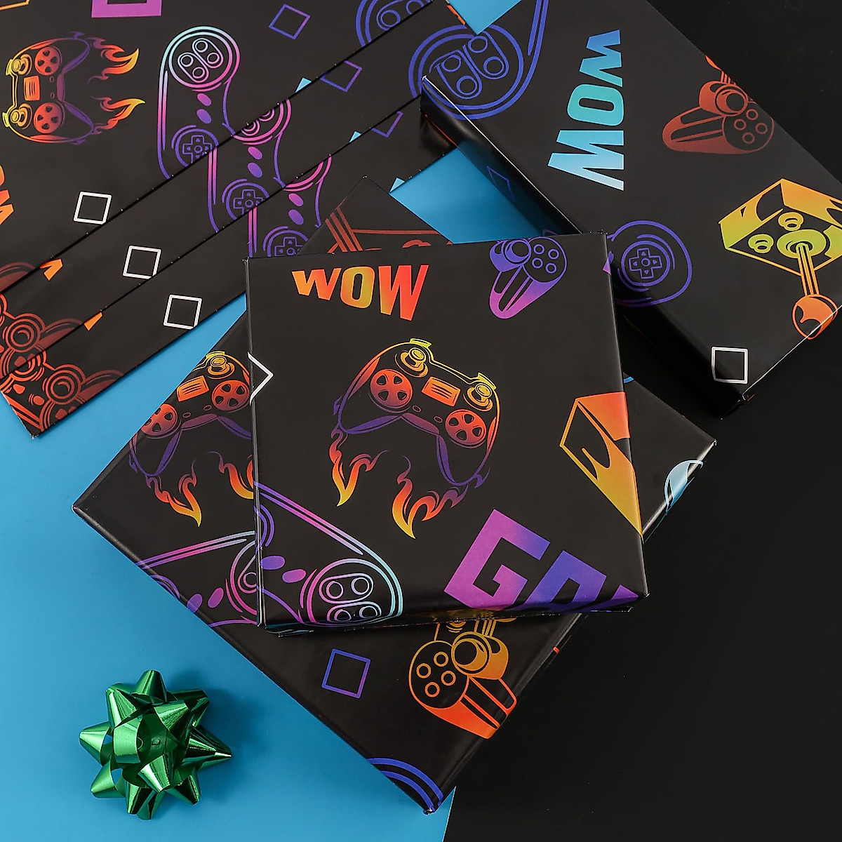 U'COVER Gaming Wrapping Paper Birthday Gift Wrapping Paper for Boys Kids Girls Men 3 Large Sheet Video Game Wrap Paper with Cut Line for Holiday Game Lover 27inch x 39inch (MULTICOLOR)