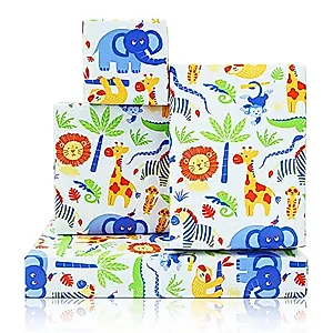 Wild Safari Zoo Jungles Animals Fun Wrapping Paper 4 Sheets for Kids Boys Girls, Adorable Gift Wrap for Birthday Baby Shower Children's Day Christmas, Folded Flat 20x30 Inches Per Sheet