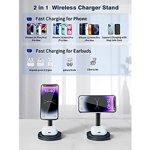 2 in 1 Magnetic Wireless Charger, 15W Fast Charging Mag-Safe Charger Stand for iPhone 15/14/13/12 Series, Wireless Charging Station for AirPods 3/Pro/2 (with QC3.0 Adapter)