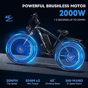 COJMOYOV 2000W Electric Bike with 20AhRemovable Battery 26"×4"Fat Tire Ebike for Adults 35MPH 80MilesElectric Bicycles with 21Speed Cruise Control Lockable Front Suspension Hydraulic Disc Brake (Blue)