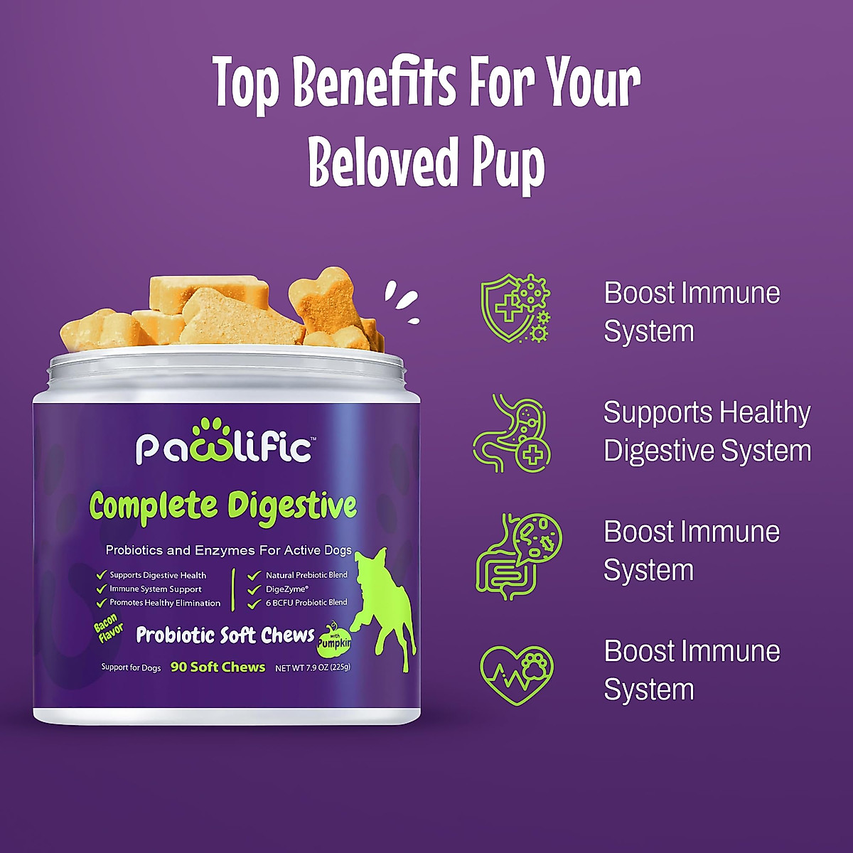 Pawlific Probiotics and Digestive Enzymes for Dogs - Gut Flora, Digestive Health, Diarrhea & Bowel Support - Functional Dog Supplement Soft Chews for Immune System Boost with Pumpkin