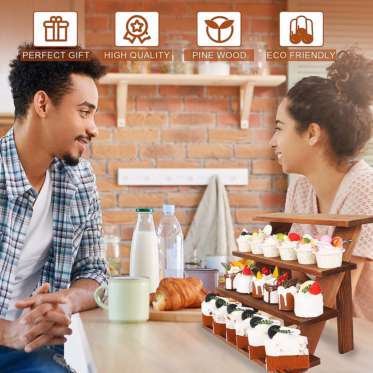 CYAOOI Wooden Cupcake Stand, 4 Tier Dessert Table Display Set Cake Pop Stand for 24 Cupcakes 16 Lollipop, Wood Rustic Display Stand Riser for Vendors Retail Figurine Craft Show Wedding Birthday Party