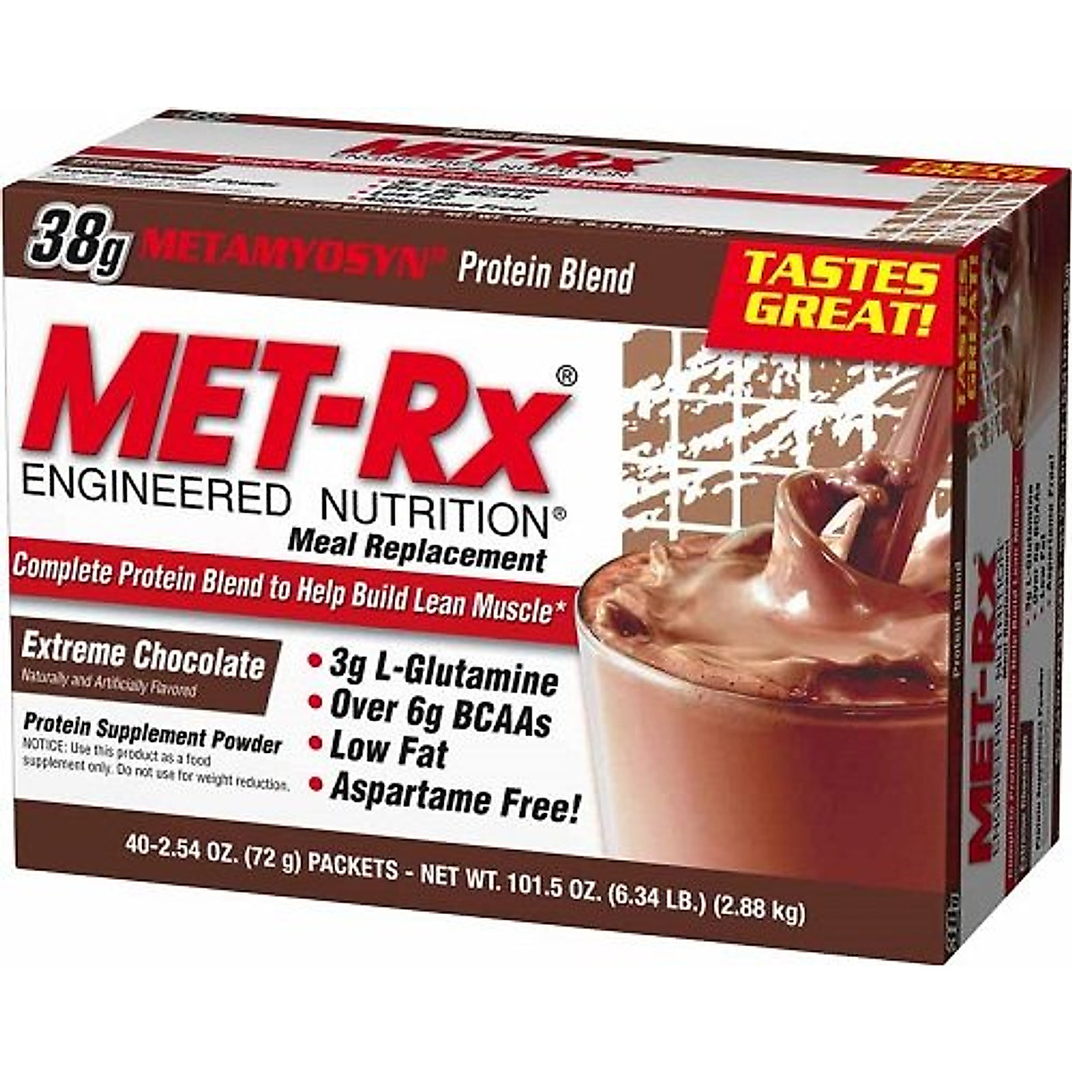 MET-Rx Meal Replacement Powder Boxed, Extreme Chocolate, 2.54 Oz, Pack of 40