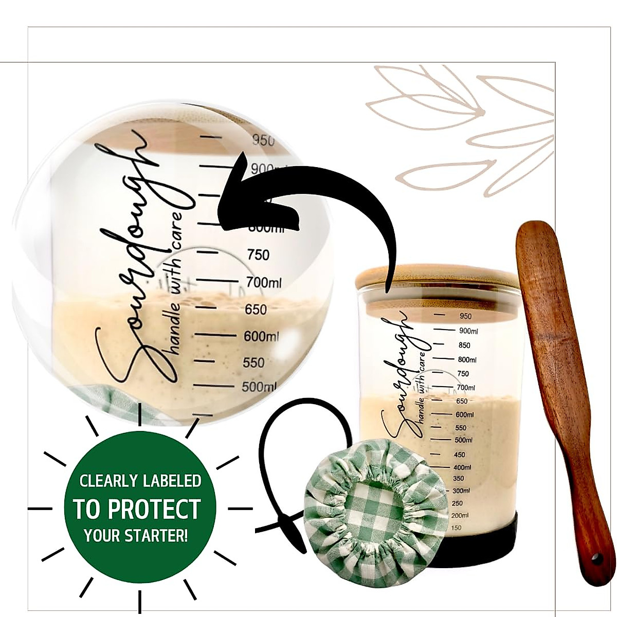 Sourdough Starter Kit - Sourdough Kit Includes Wooden Spurtle, Glass Jar w/ Bamboo Lid, Cloth & More - Non-Slip Silicone Base Sourdough Bread Baking Supplies - Bread Making Kit for Beginners & Pros