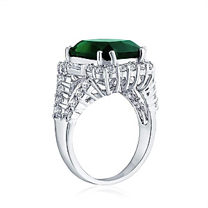 Bling Jewelry 7CT Cubic Zirconia CZ Pave Rectangle Green Simulated Emerald Cut Statement Fashion Ring For Women Silver Plated Brass