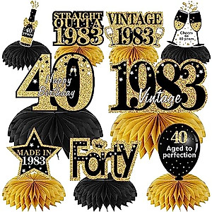 9Pcs 40th Birthday Decorations Honeycomb Centerpieces for Women Men, Black Gold Vintage 1983 Aged to Perfection Table Centerpiece Toppers Party Supplies, 40 Year Old Birthday Party Table Sign Decor