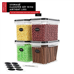 DWËLLZA KITCHEN Airtight Food Storage Container Set - 4 Pieces 3.6L - Plastic BPA Free Kitchen Pantry Storage Containers - Dishwasher Safe - Include 8 Labels and Marker - Keeps Food Fresh & Dry