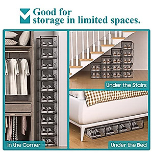 Kuject Black Shoe Organizers Storage Boxes for Closet, 12 Pack Clear Plastic Stackable Sneaker Containers Bins with Lids, Under Bed Shoe Storage for Entryway, Drop Front, Fit up to Women's Size 10