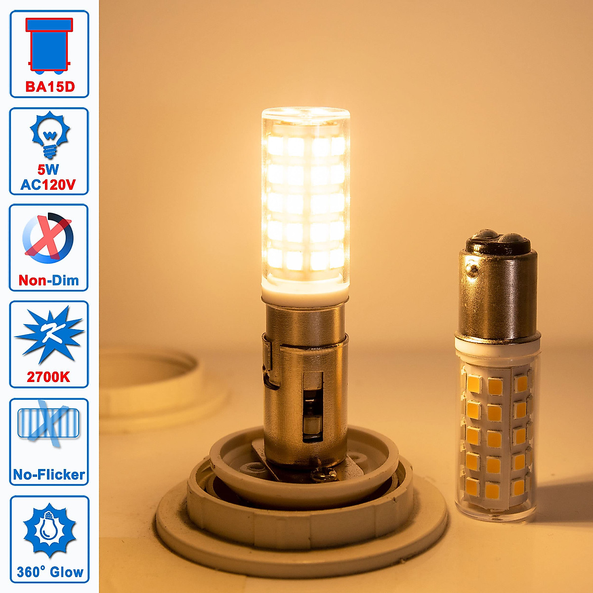 Ziomitus BA15D 120 Volt Double Contact/DC Bayonet Base Led Light Bulbs 50 Watt-75 Watt Replacement, T3/T4/C7/S6, 2700K Soft Warm White BA15D 5W Led Sewing Machine Bulbs, Non-dimmable, 5Pack