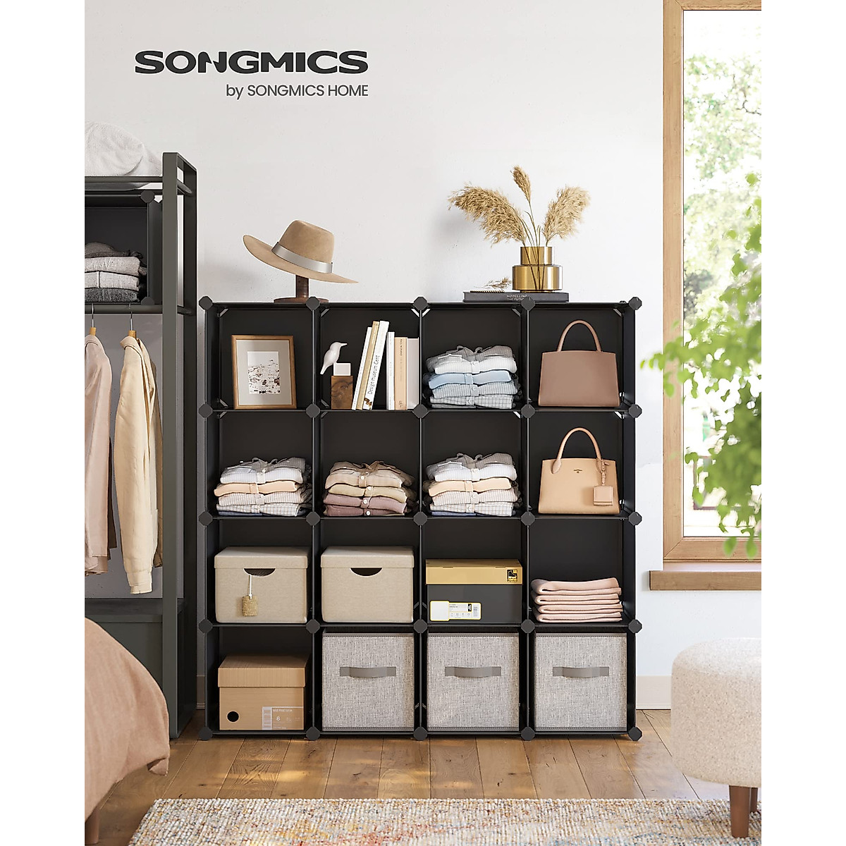 SONGMICS Cube Storage Organizer, Set of 16 Plastic Cubes, Book Shelf, Closet Organizers and Storage, Room Organization, Bedroom Living Room, 12.2 x 48.4 x 48.4 Inches, Black ULPC44BK