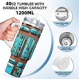 HULIBIN Bright Aqua Blue Turquoise Print Double Deck Stainless Steel Travel Coffee Cup With Lid 40 Oz Ice Bully Cup