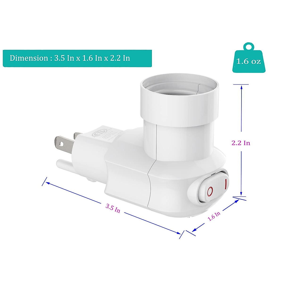 Borju Plug in Light Socket, Outlet to Socket Adapter, 360° Rotatable Plug with On/Off Switch, ETL Listed, White