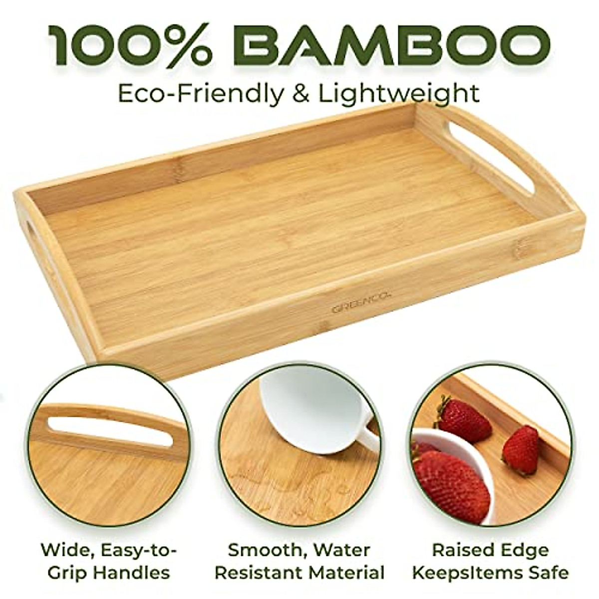 Greenco Bamboo Serving Tray with Handles (Small, Rectangle)