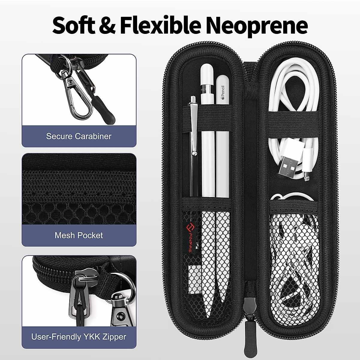 Fintie Pen Holder Case for Apple Pencil Pro, Apple Pencil (USB-C / 1st / 2nd Generation), Soft Neoprene Zipper Carrying Bag Sleeve Pouch for Samsung Stylus, Surface Pen, Black