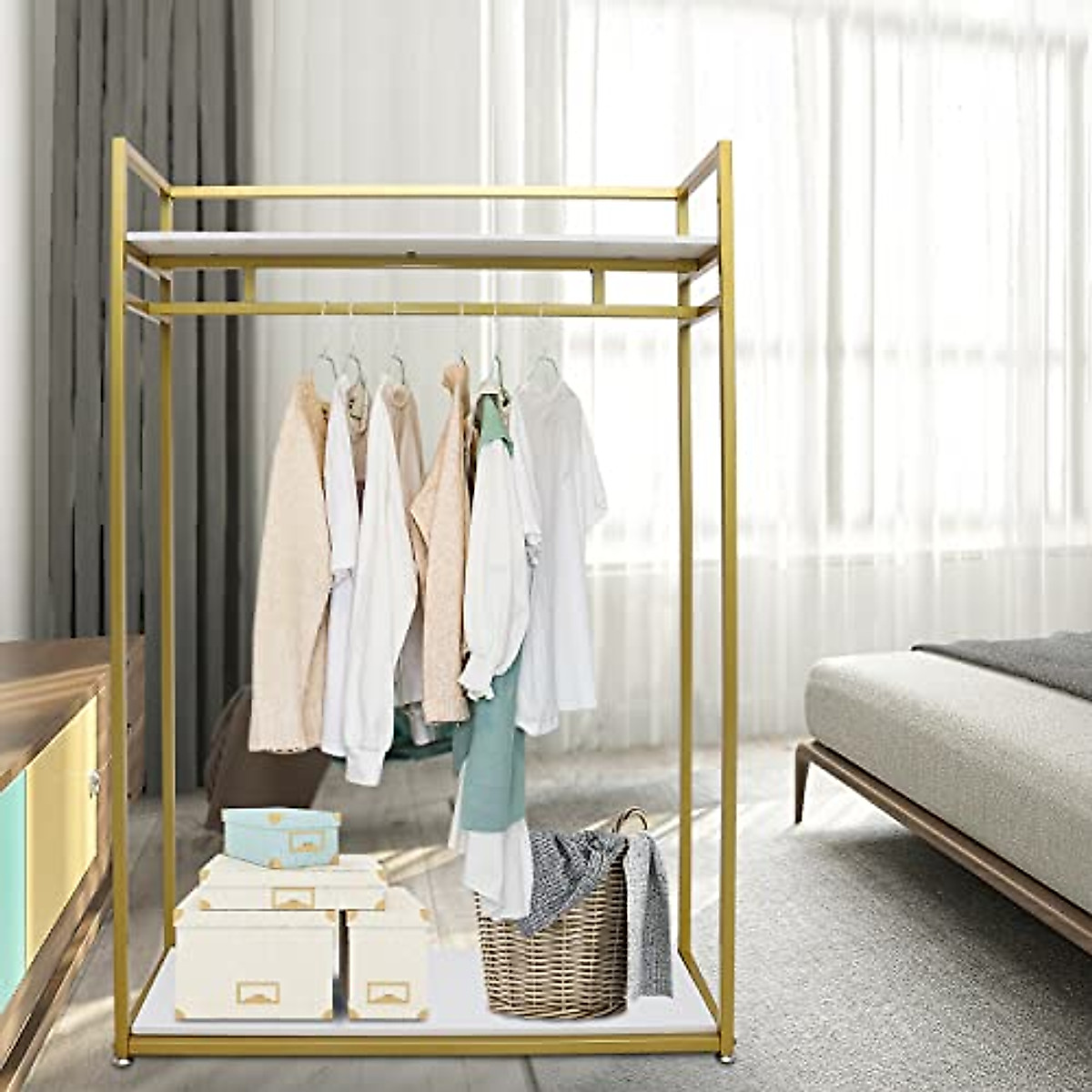 2 Tier Gold Clothes Storage Stand Rack Clothes Display Rack Heavy Duty Metal Closet Organizer Large Capacity Garment Rack with Hanging Rods for Wedding Bedroom Store Clothing Organizer(180 cm)