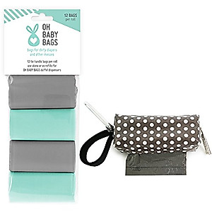 Oh Baby Bags Diaper Bag Clip-On Dispenser with Disposable Bags for Dirty Diapers - Bags Made of Recycled Plastic - Gray Dot Duffle Plus 96 Gray and Seafoam Bags