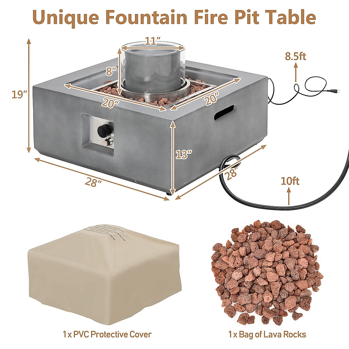 Tangkula 28” Fire Pit Table with Fountain, 50,000 BTU Square Fire Table with Stainless Steel Burner, Wind Guard, Lava Rocks & PVC Cover, Outdoor Magnesium Oxide Propane Fire Pit for Poolside Backyard