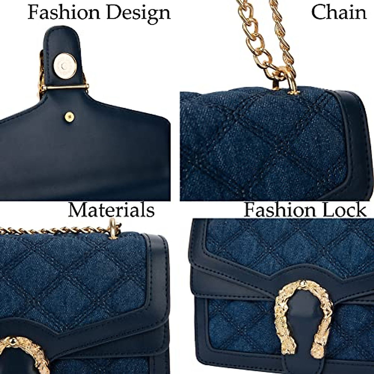 Aiqudou Quilted Crossbody Shoulder Bag for Women - Small Denim Chain Purse Leather Strap Fashion Casual Messenger Purse Bag(Denim Blue)