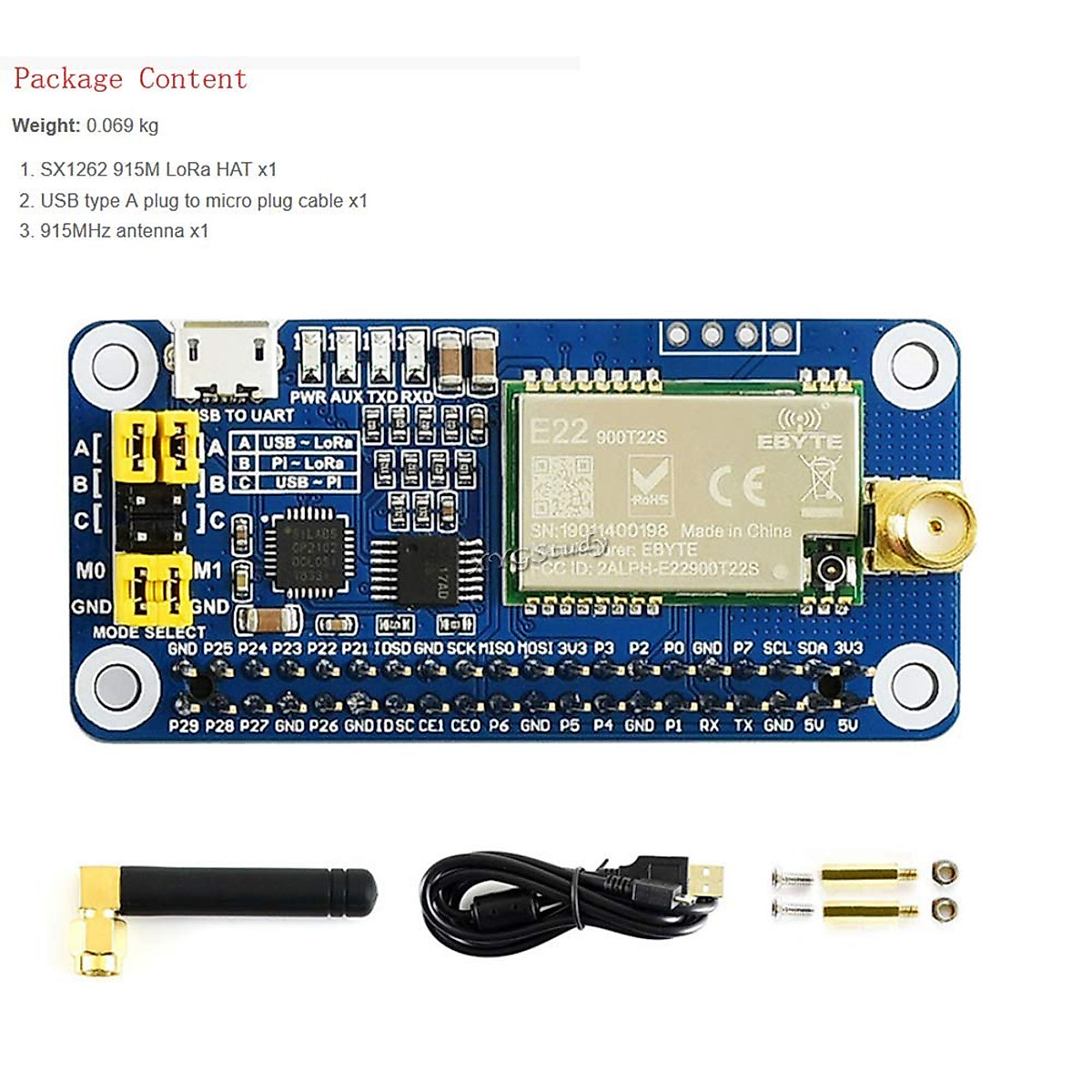 SX1262 LoRa HAT Covers 915MHz Frequency Band with Spread Spectrum Modulation Supports Raspberry Pi 1 2 3 4 Series Boards with UART Interface for STM32 @XYGStudy