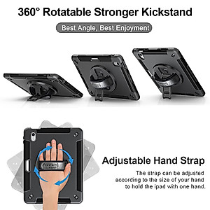 Case for iPad 10th Generation 2022:Miesherk Stock Military Grade Shockproof Rugged Case for iPad 10th Gen 10.9'' W/Screen Protector，Rotate Stand，Handle，Shoulder Strap，Pen Holder （Black）