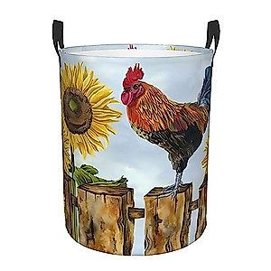 Vintage Sunflower Rooster Laundry Basket Protable Circular Laundry Hamper Storage Bin Organizer With Handles For Bathroom,Bedroom Clothes