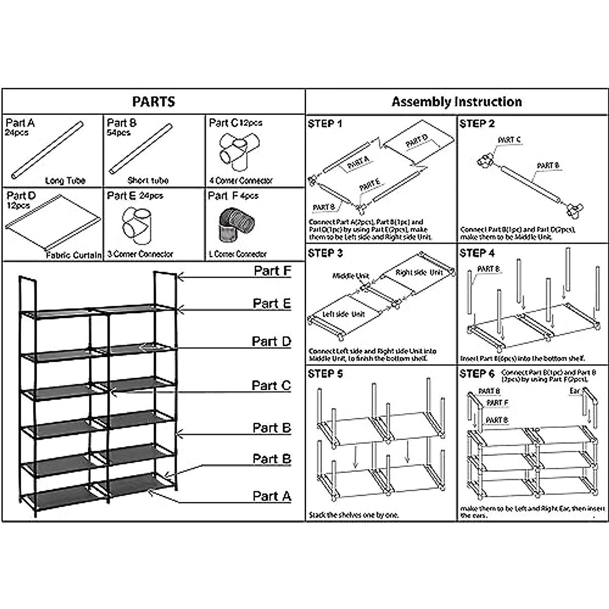 starogegc 6 Tiers Plastic Shoe Rack for Closet, Shoe Storage Organizer for 24-28 Pairs of Shoes, Shoe Shelf for Entryway Bedroom, 45.3x8.5x31 Inches (Black)