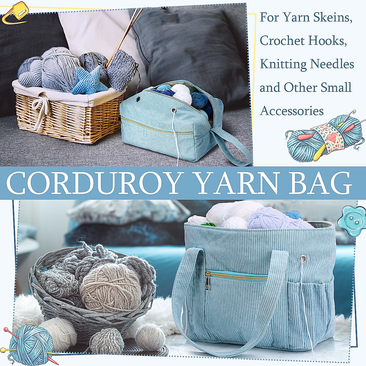 2 Pcs Crochet Bag and Tote Set Corduroy Yarn Bag Crochet Tote Bag for Crochet Hooks Organizer Yarn Holder for Christmas Gift Crochet Lovers Knitting Bag Crochet Accessories (Classic Style)