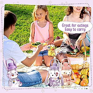 2 Pcs Cute Water Bottles Leak Proof Kawaii Bear Straw Bottle Large Capacity Bear Cup with Adjustable Removable Shoulder Strap Kawaii Stickers for Kids School Office Outdoor Activities (Pink, Purple)