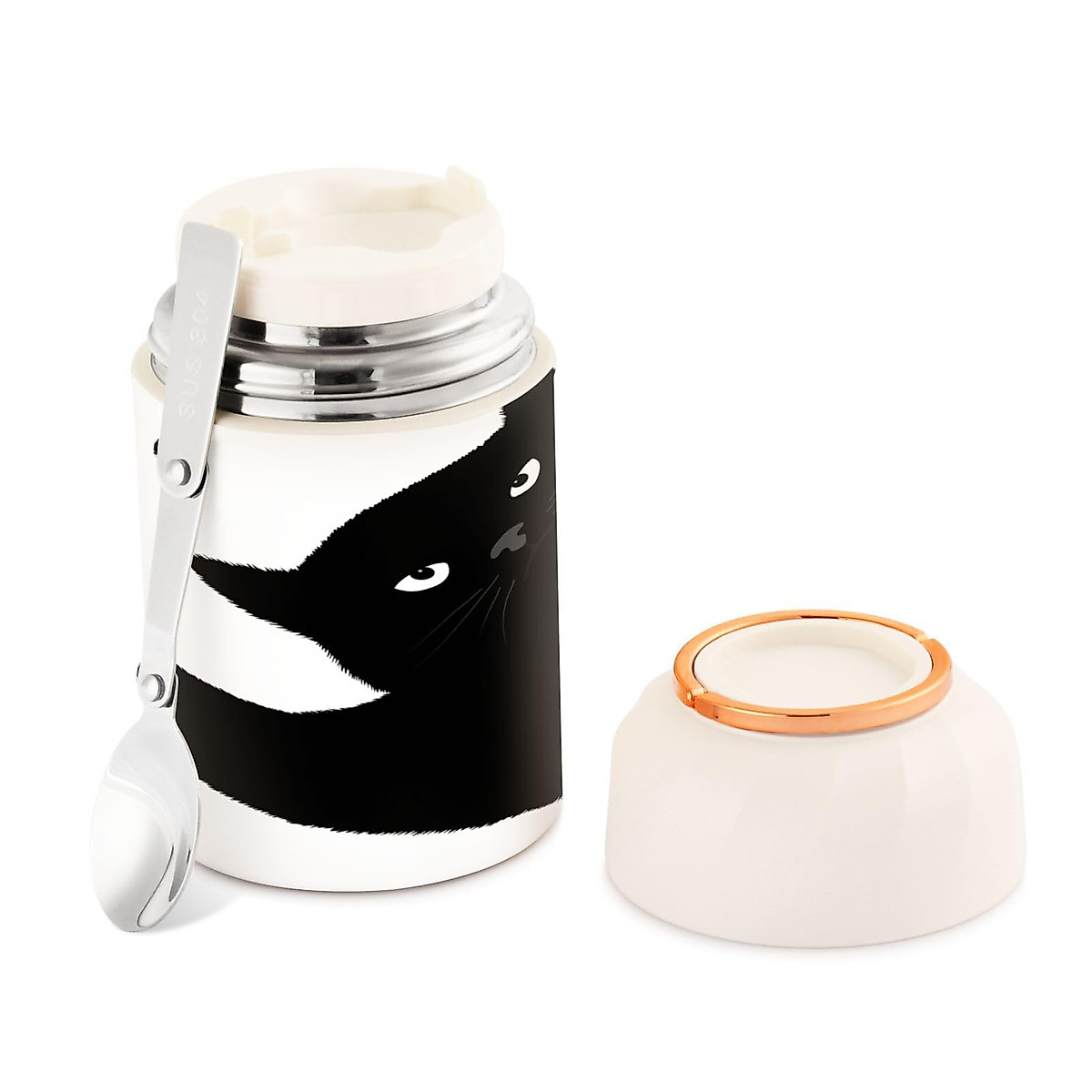 CUPADA Cat Paw Food Jar for Hot and Cold, Black Cat Insulated Food Jars Vacuum 17OZ with Folding Spoon for Work Trip Picnic Camping